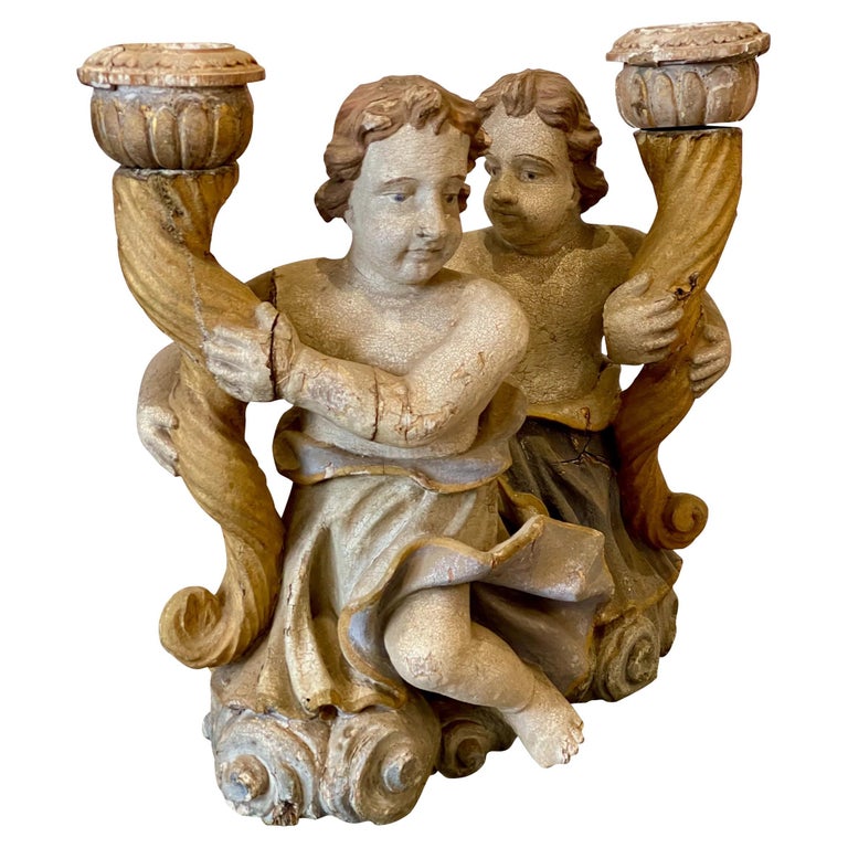 18th Century Continental Carved and Polychrome Cherub Candle Holders ...