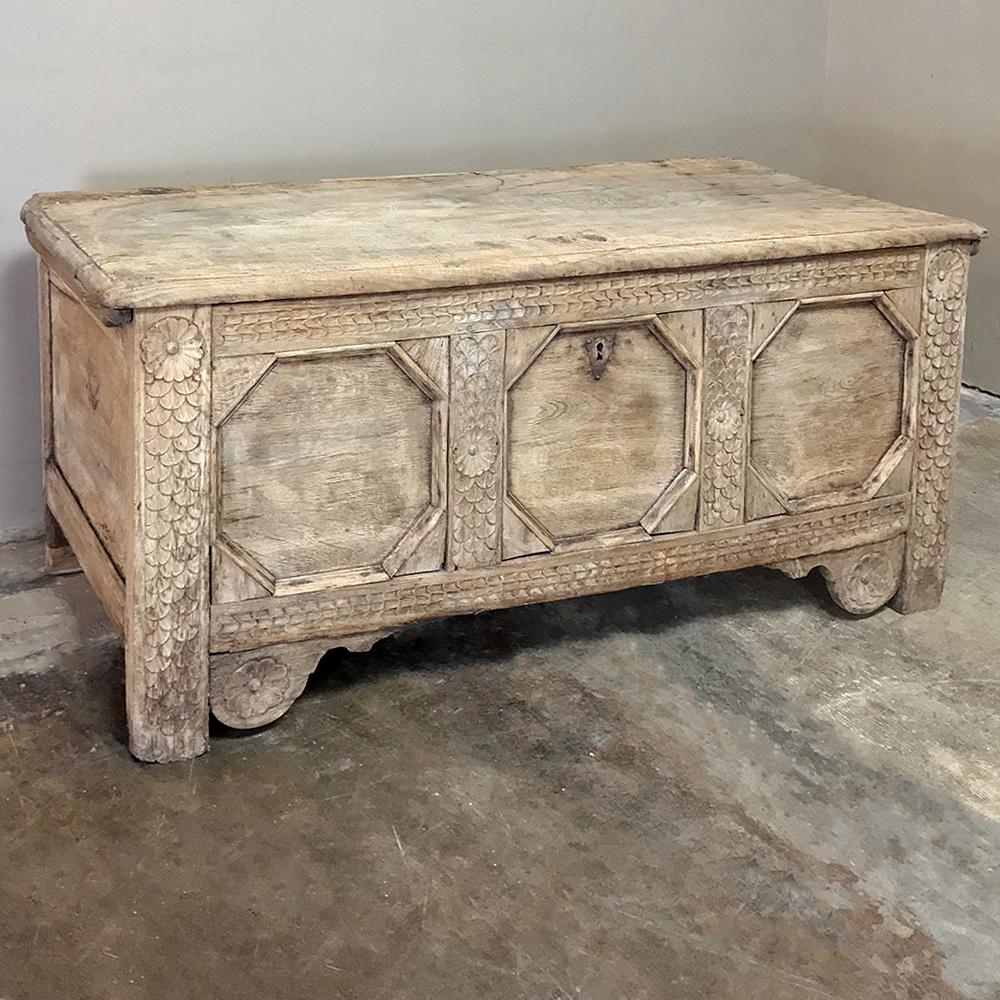 18th Century Dutch Hand Carved Stripped Oak Trunk For Sale at 1stDibs