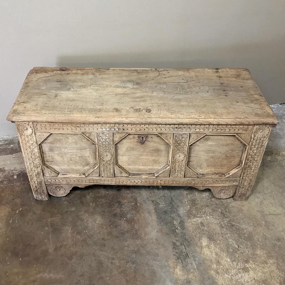 18th Century Dutch Hand Carved Stripped Oak Trunk For Sale at 1stDibs
