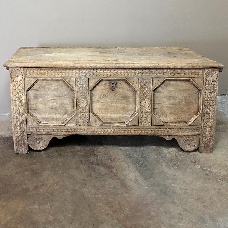 18th Century Dutch Hand Carved Stripped Oak Trunk For Sale at 1stDibs