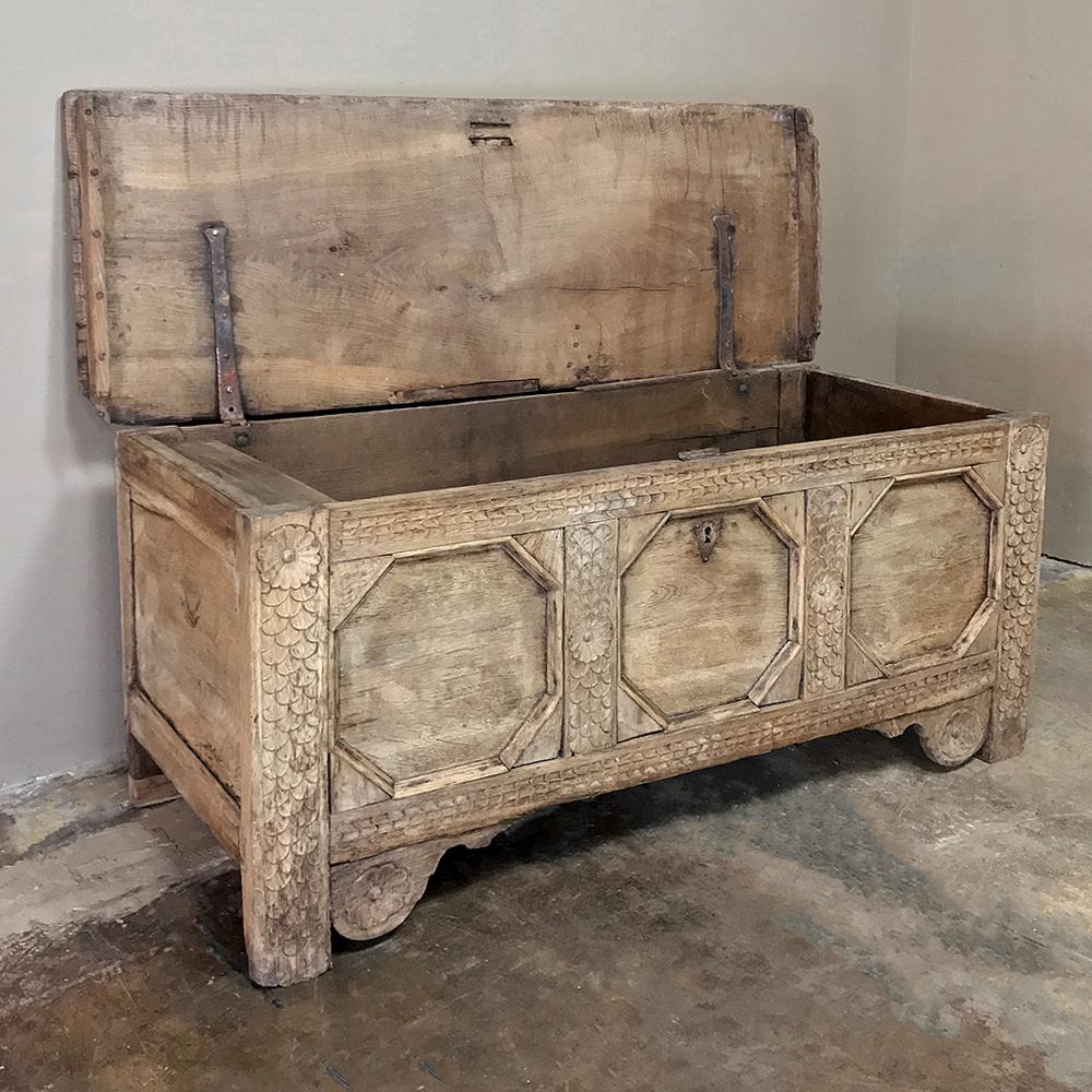 18th Century Dutch Hand Carved Stripped Oak Trunk For Sale at 1stDibs
