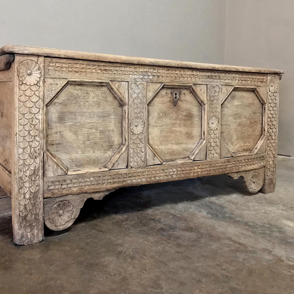 18th Century Dutch Hand Carved Stripped Oak Trunk For Sale at 1stDibs