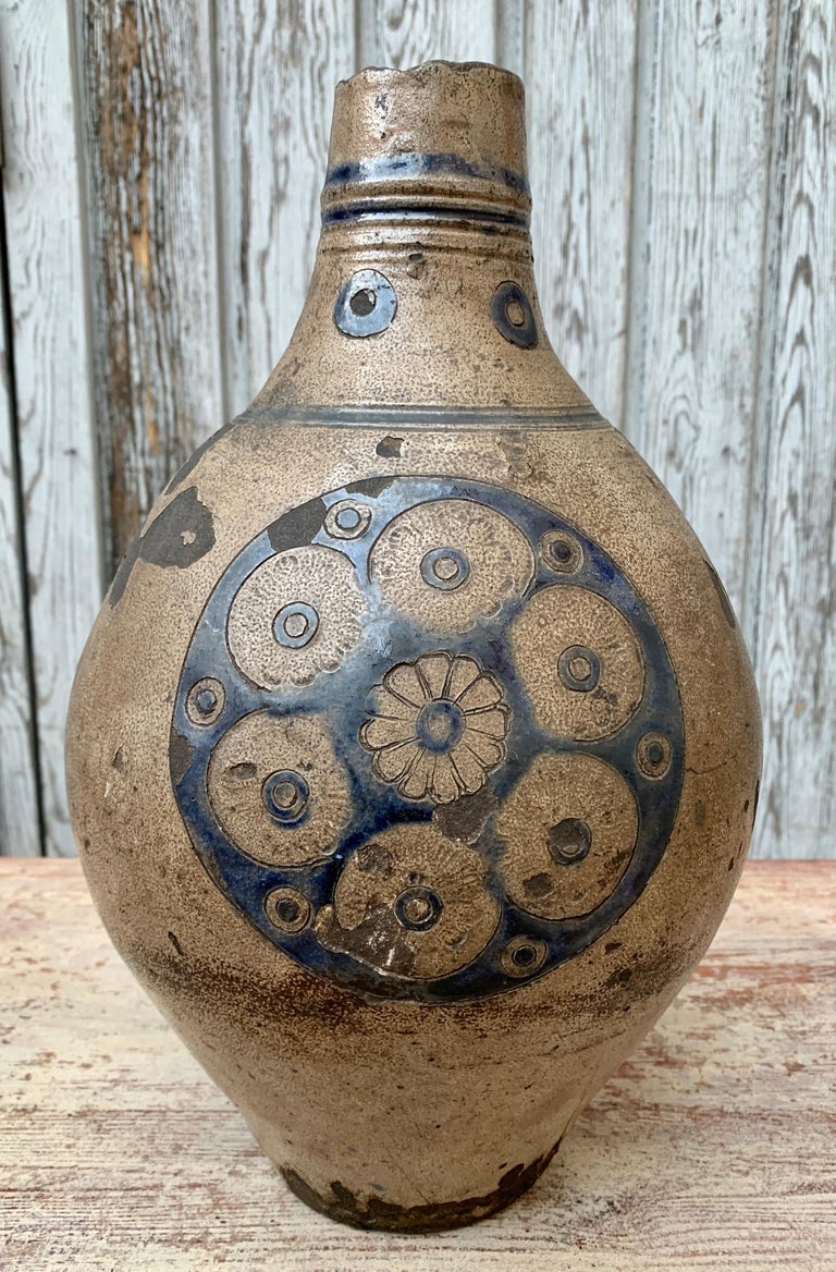 18th Century European Earthenware Pitcher with Blue Colored Decoration ...