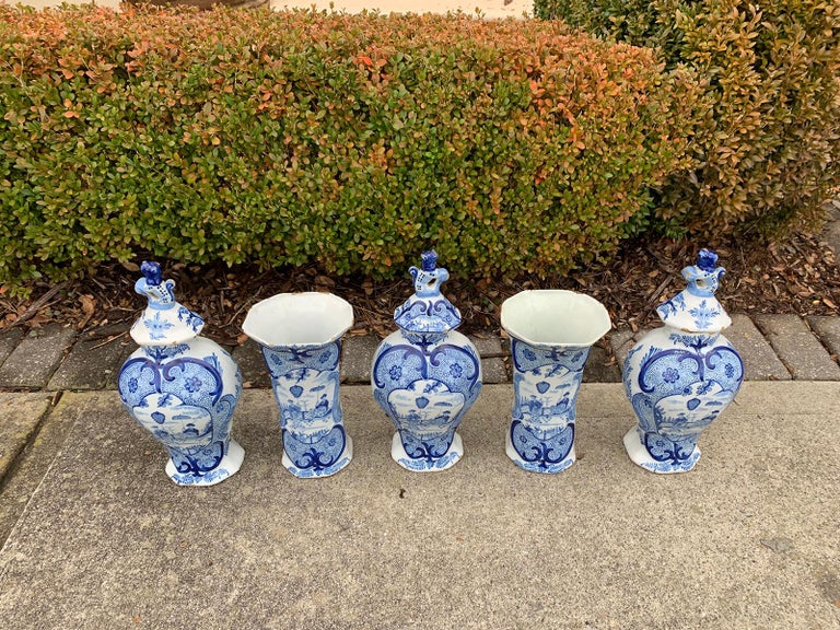 19th Century Five-Piece Delft-Style Blue and White Porcelain Garniture ...