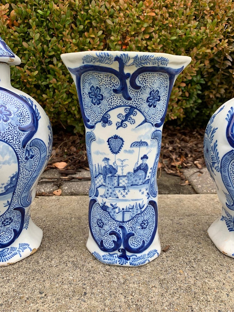19th Century Five-Piece Delft-Style Blue and White Porcelain Garniture ...