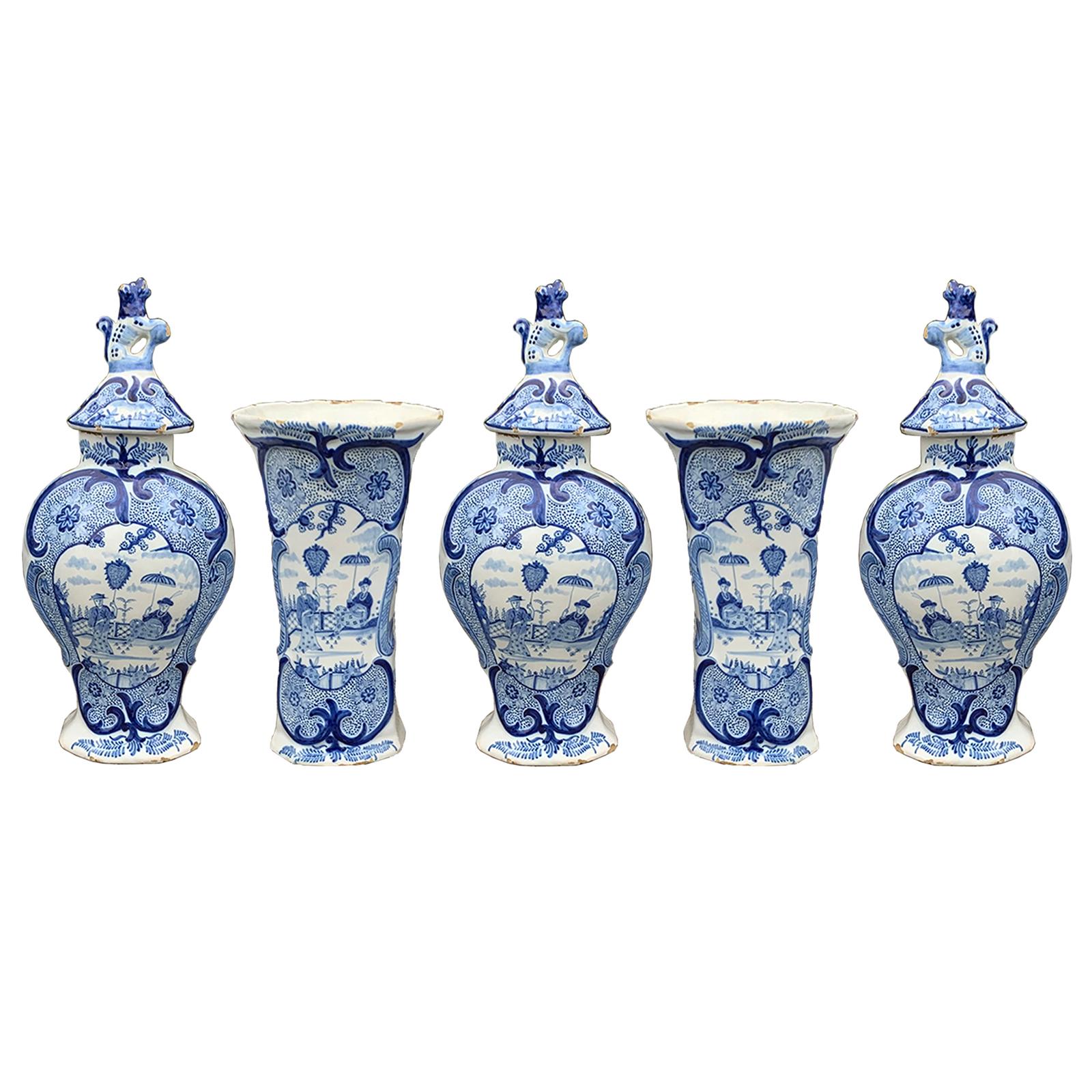19th Century Five-Piece Delft-Style Blue and White Porcelain Garniture ...