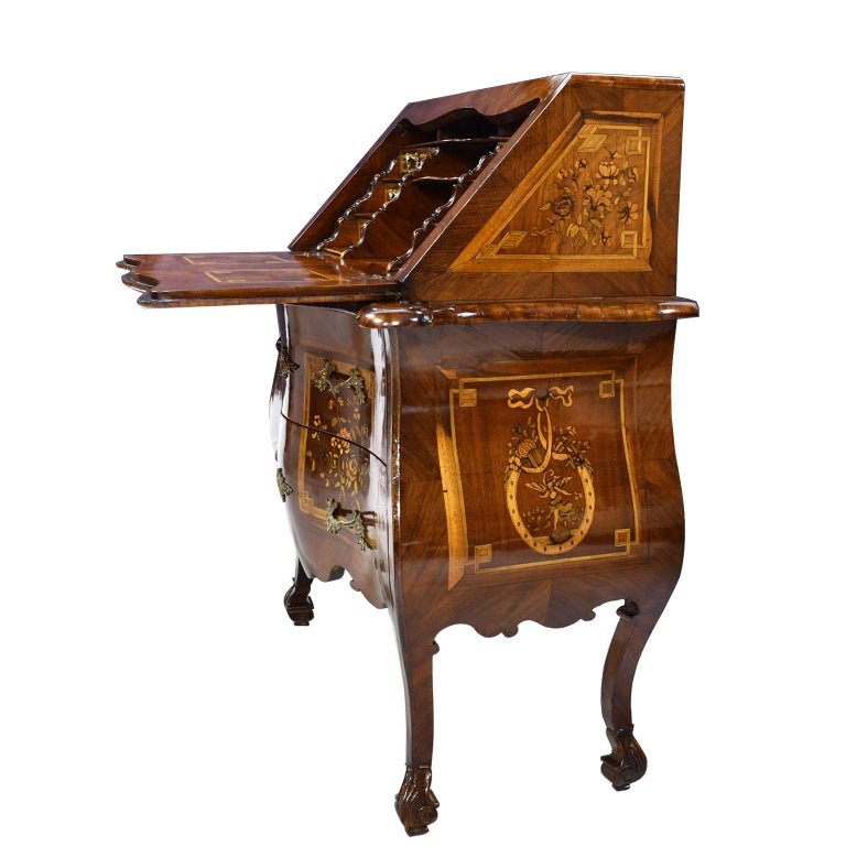 Antique Italian or Dutch Small Rococo Bombe Secretary Desk w/ Marquetry ...