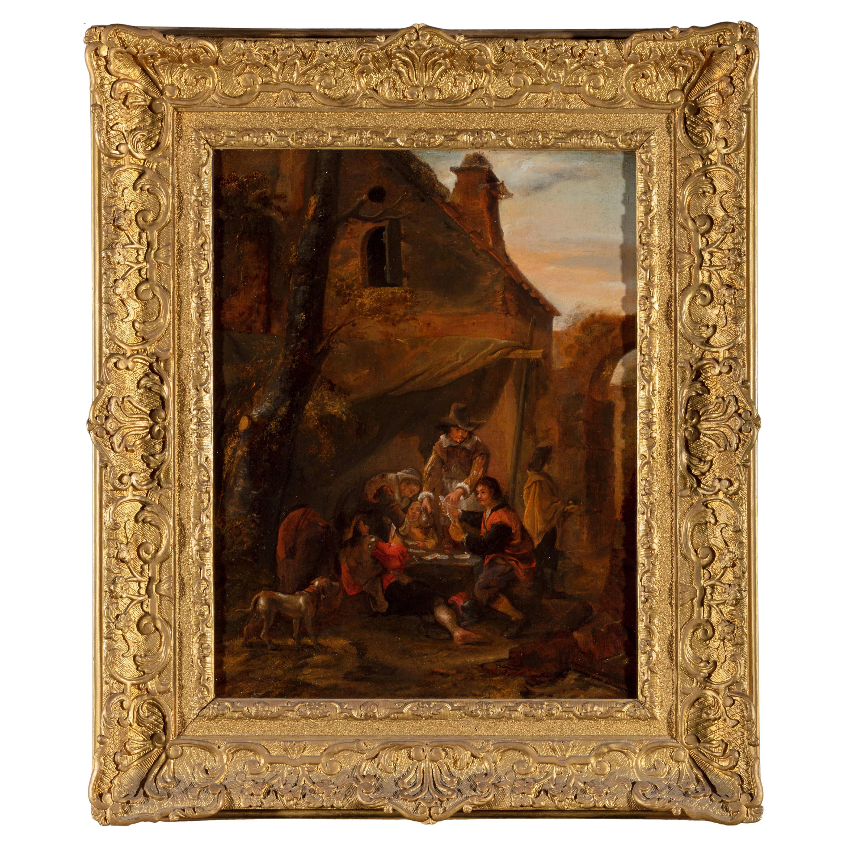 18th century, Flemish Painting depicts Genre Scene with card players ...