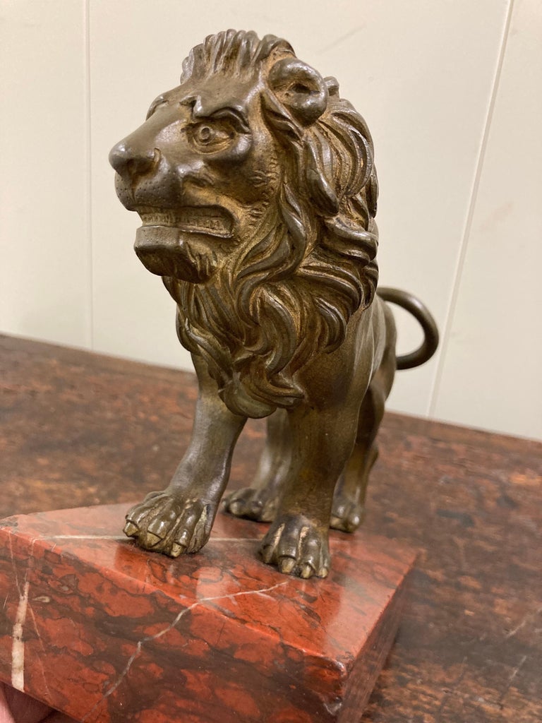 18th Century French Bronze Lion on a Rouge Antico Marble Base at 1stDibs