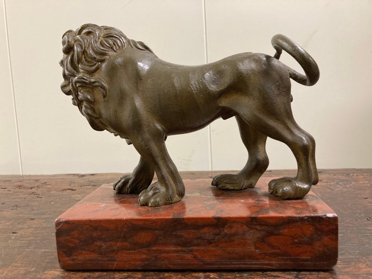 18th Century French Bronze Lion on a Rouge Antico Marble Base at 1stDibs