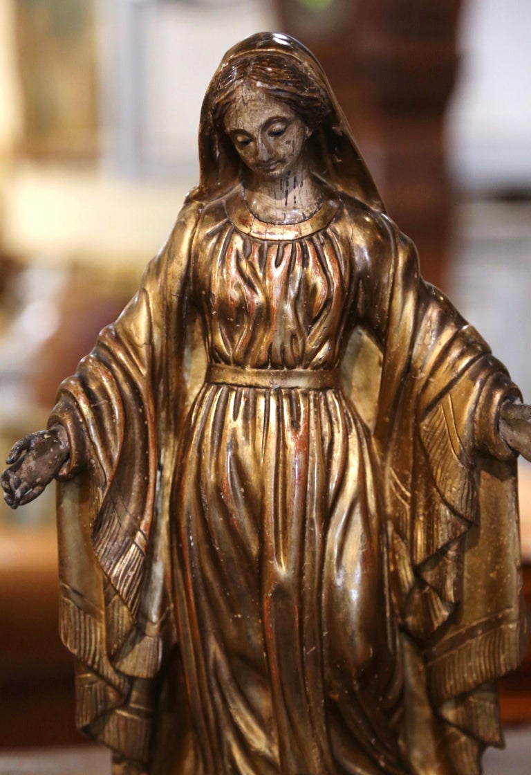 18th Century French Carved Giltwood Virgin Mary Statue with Glass Eyes ...