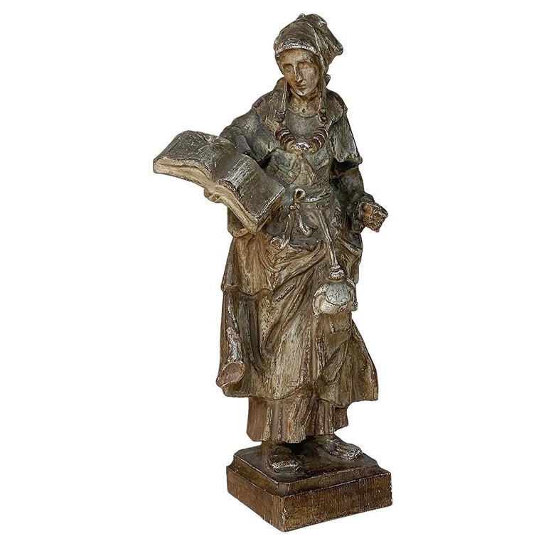 Statue française du 18ème siècle en bois sculpté et peint à la main En ...