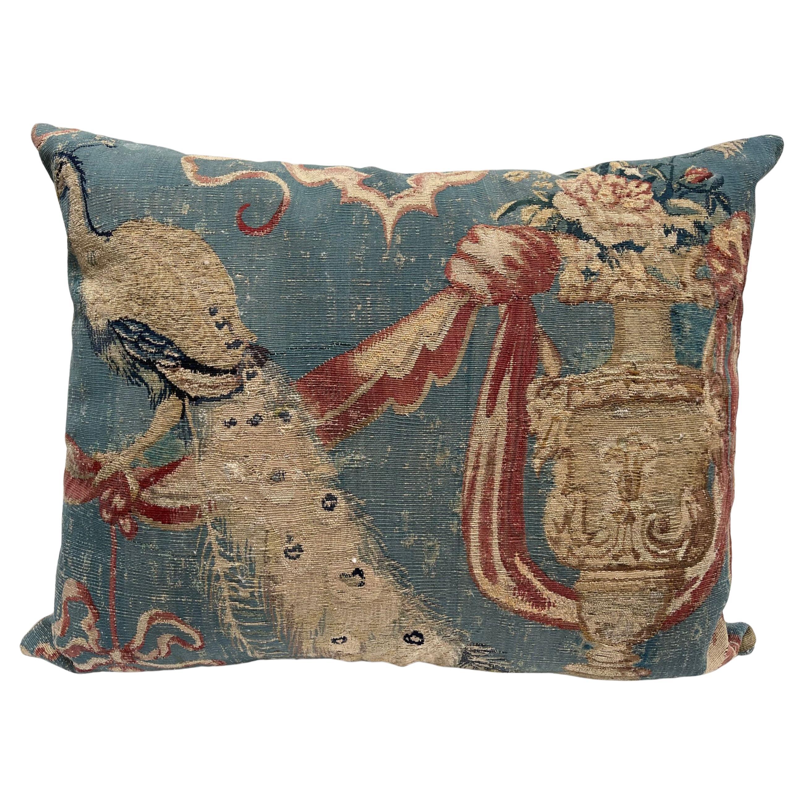 1780s French Beauvias Tapestry Pillow - 17'' X 17'' For Sale at 1stDibs