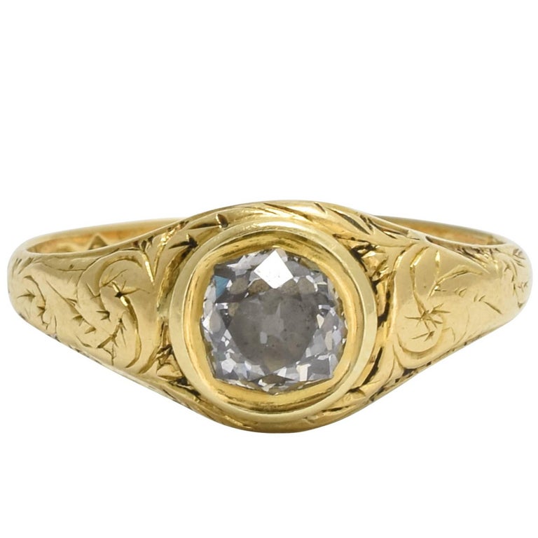 18th Century Georgian Cushion Cut Diamond Solitaire Gold Ring at ...
