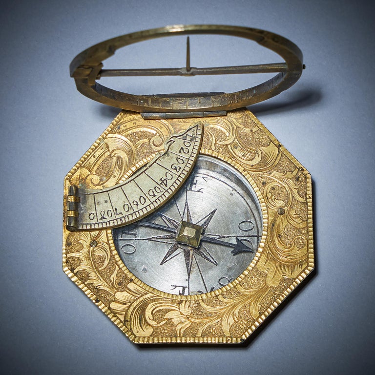 18th Century Gilt Brass and Silver Pocket or Miniature Sundial Compass ...