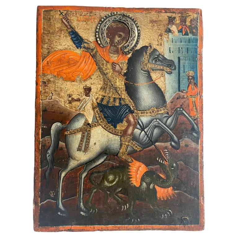 18. Jahrhundert, handbemalte russische Ikone des Heiligen Georgs, 1800 ... 18. Jahrhundert, handbemalte russische Ikone des Heiligen Georgs, 1800 ...