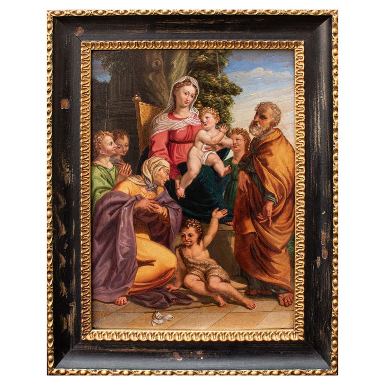 18th Century Holy Family with Saints Painting Oil on Panel Emilian ...