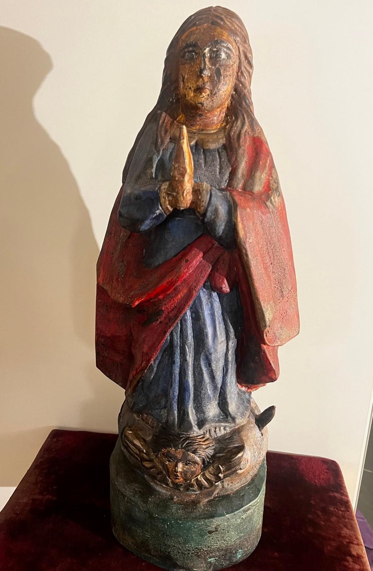 18th Century Italian Carved Wood Polychrome Virgin Mary Sculpture For