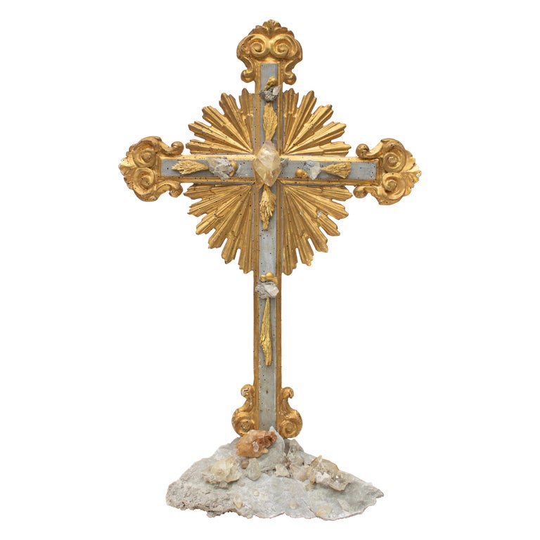 18th Century Italian Cross with Kyanite, Calcite Crystals, and Baroque ...