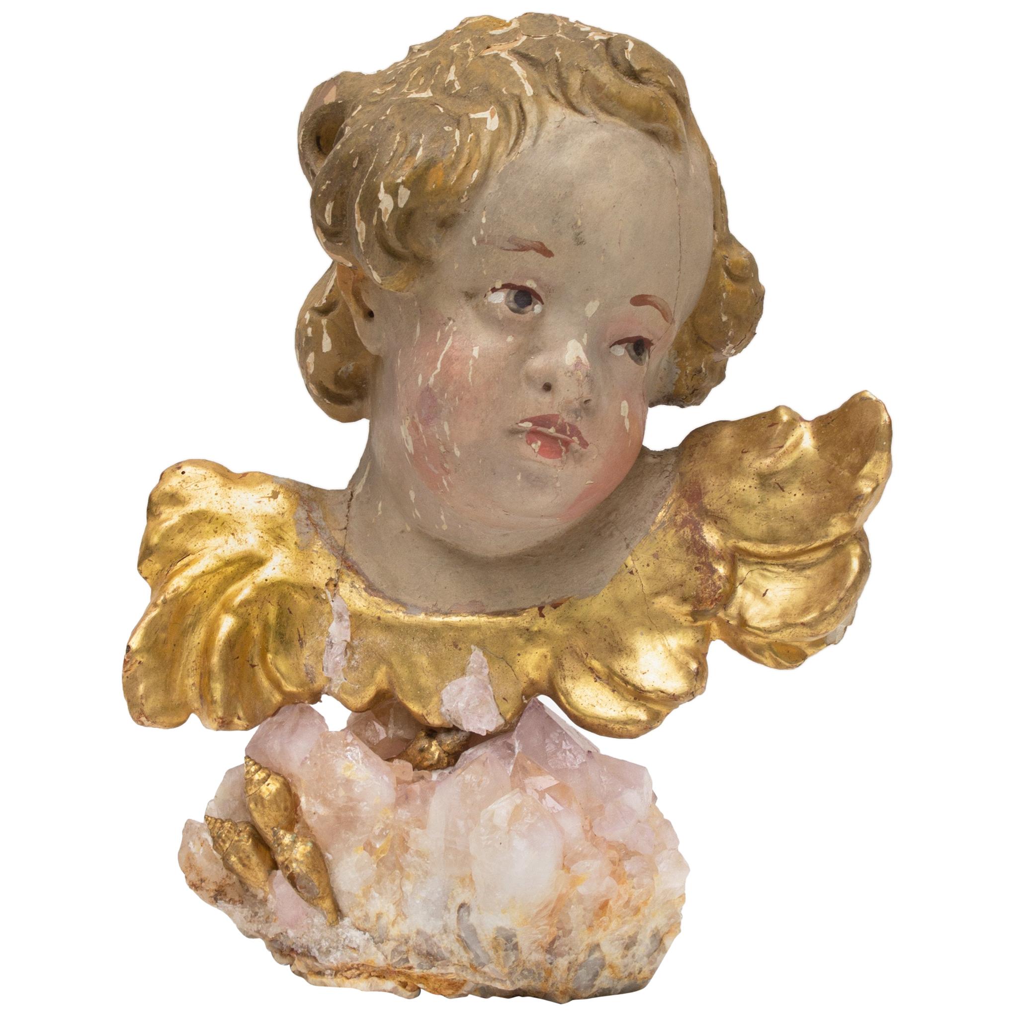 18th Century Italian Putto on a Rose Quartz Crystal Cluster and Gold ...