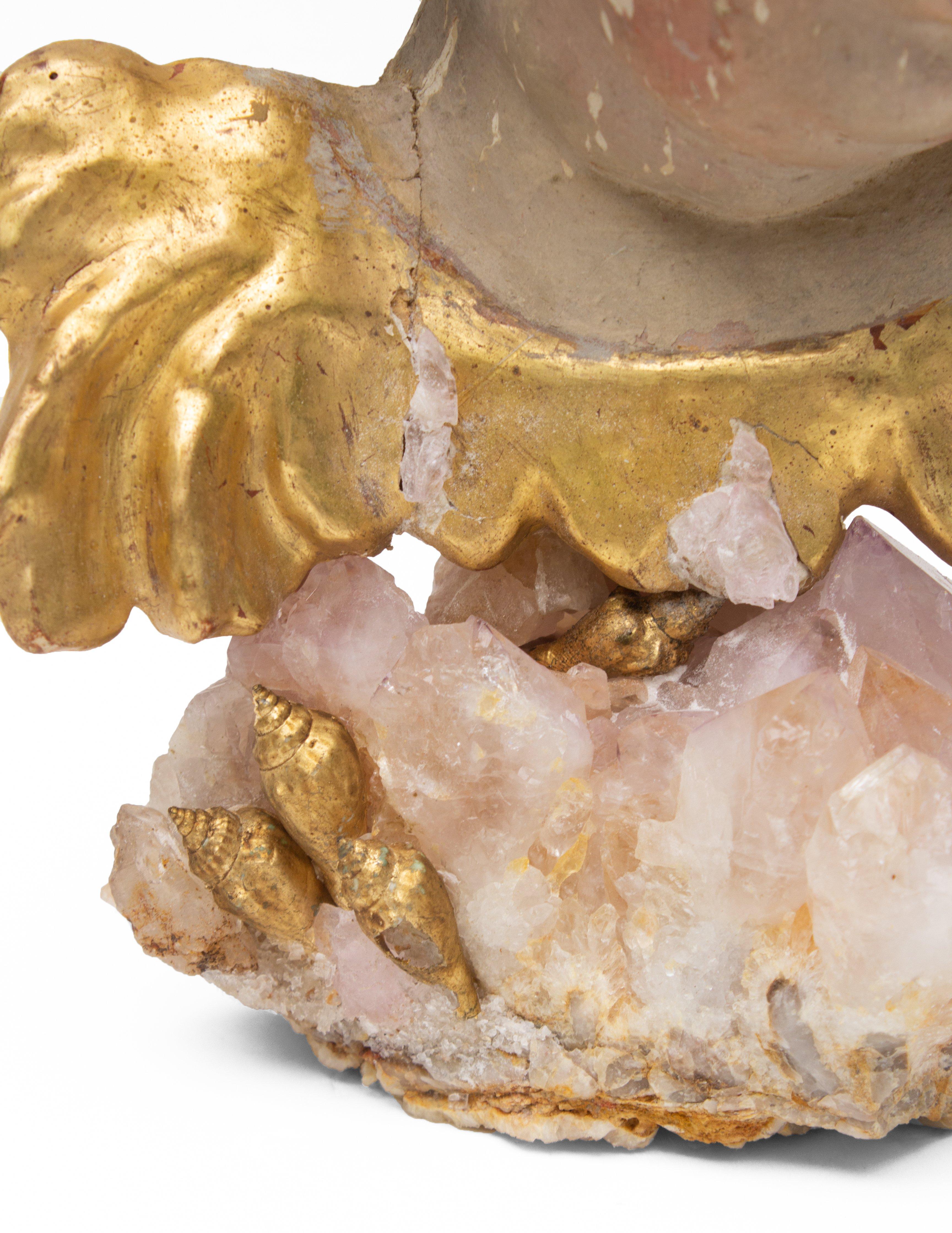 18th Century Italian Putto on a Rose Quartz Crystal Cluster and Gold ...