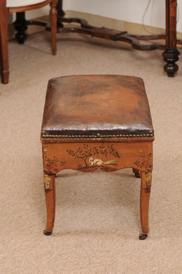 18th Century Italian Stool with Painted Decoration and Leather ...