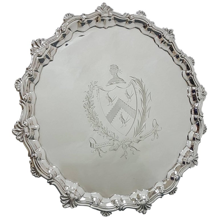 18th Century Large Georgian Sterling Silver Salver with Engraved Coat ...