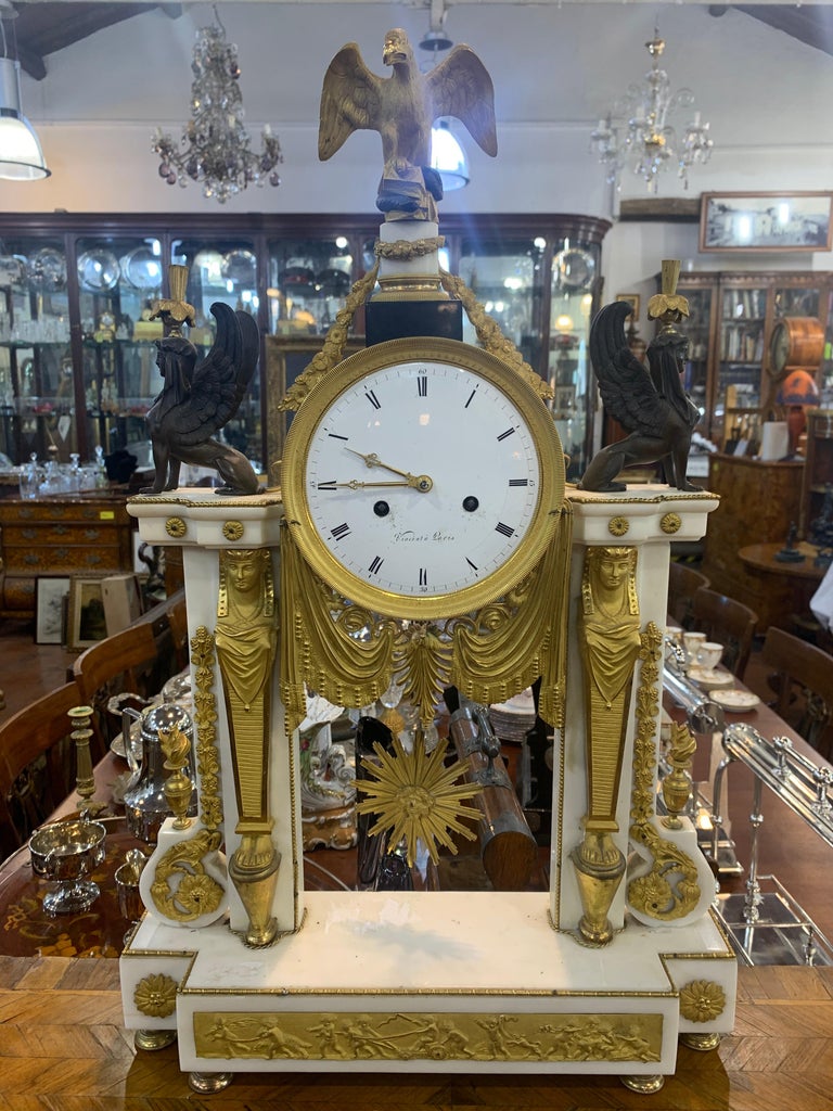 18th Century Louis XVI Marble Bronze Gilt Mantel Clock "Vicent A Paris ...