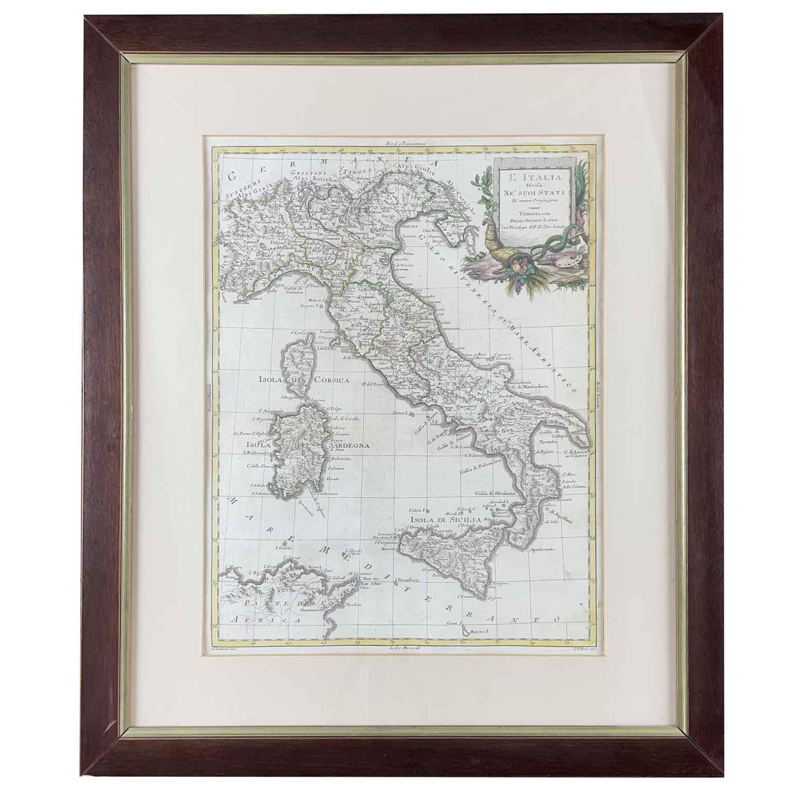 18th Century Map of Italy by Antonio Zatta 1782 Original Hand-Colored ...