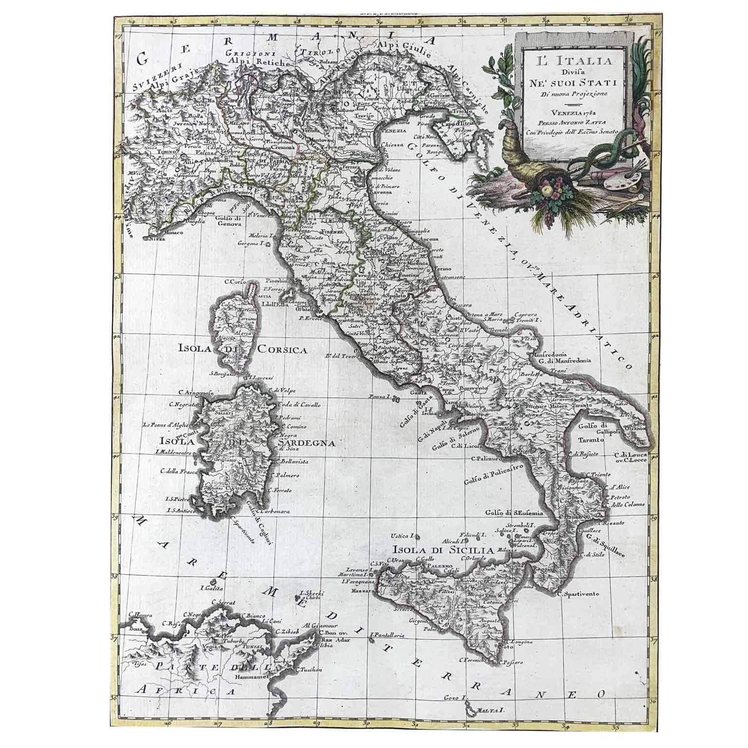 18th Century Map of Italy by Antonio Zatta 1782 Original Hand-Colored ...