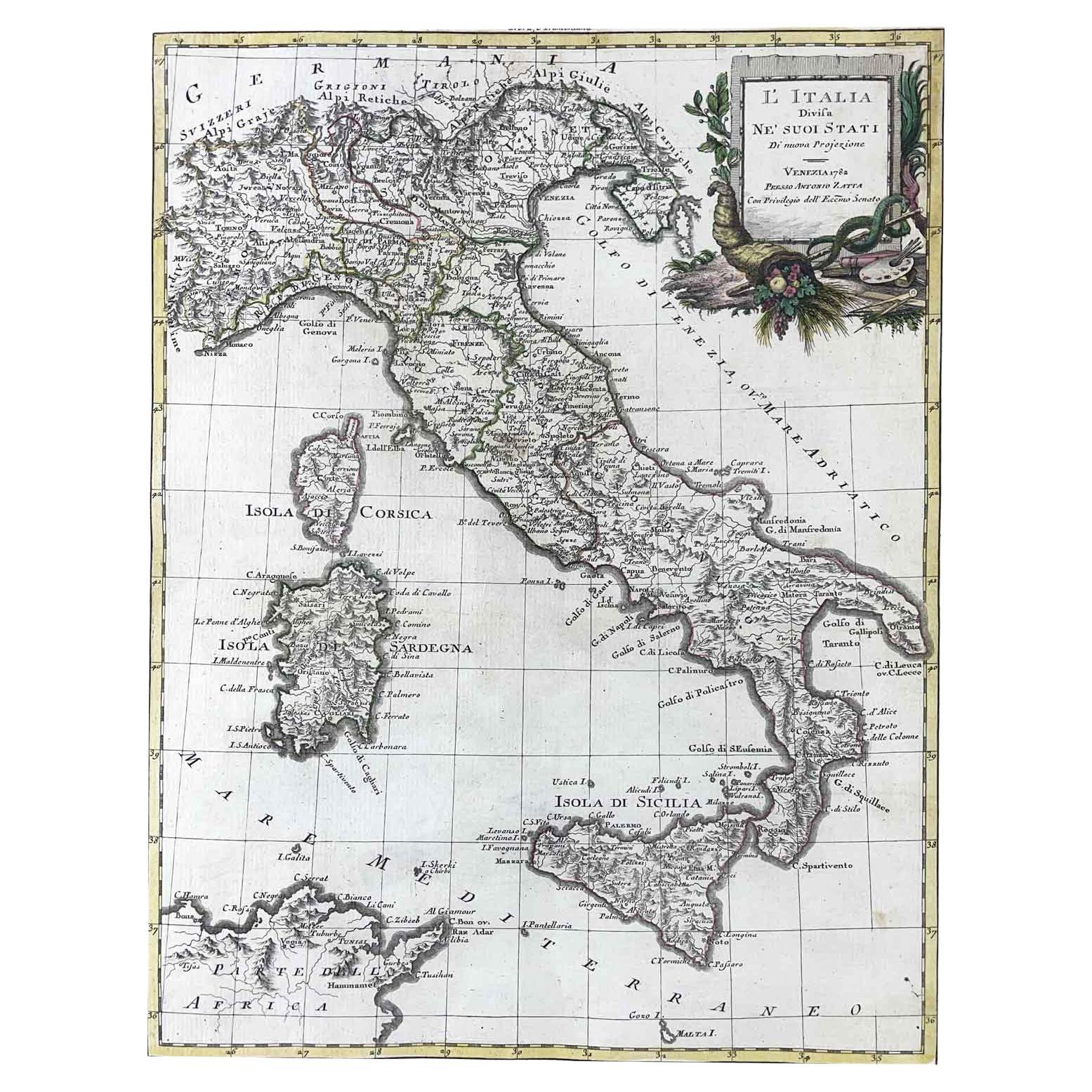 18th Century Map of Italy by Antonio Zatta 1782 Original Hand-Colored ...