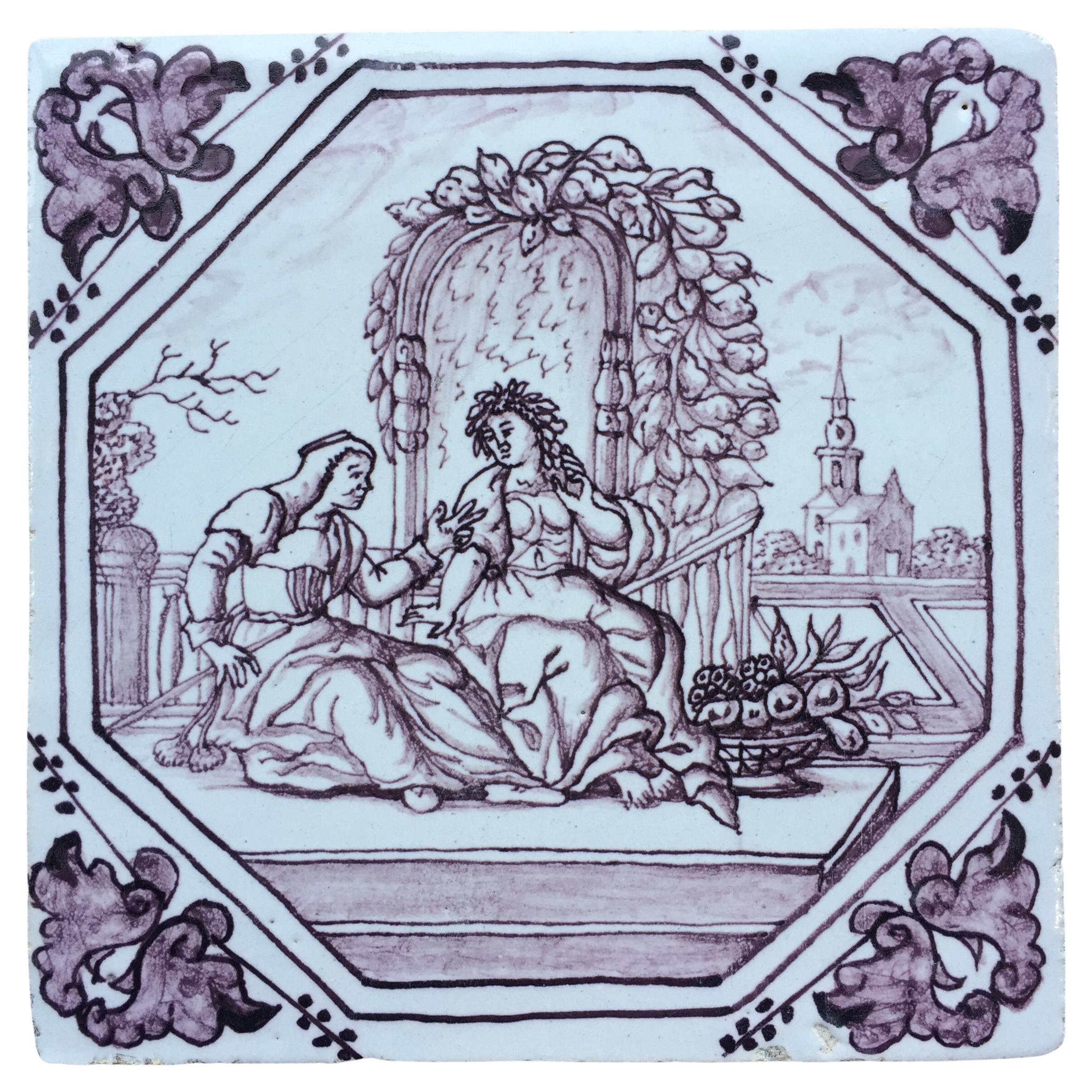 18th century mythological Dutch Delft tile with decoration of Vertumnis ...