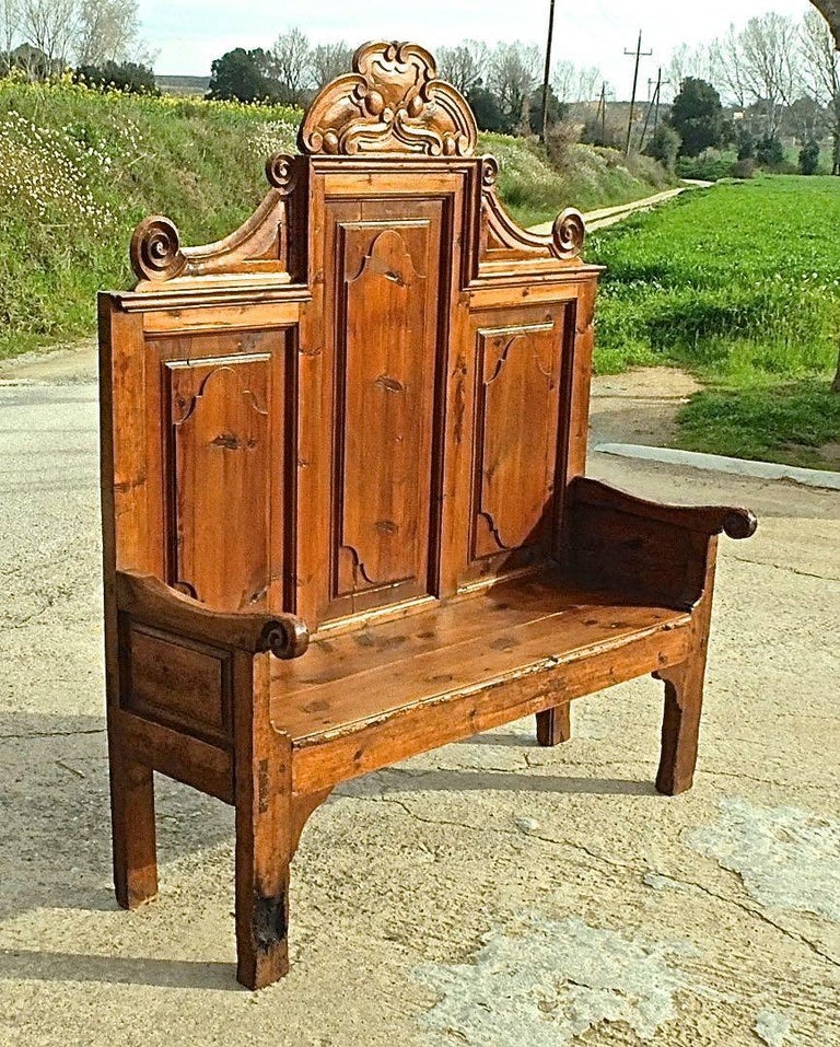 18th Century Neoclassical Spanish High Back Bench, Honey Pine at 1stDibs