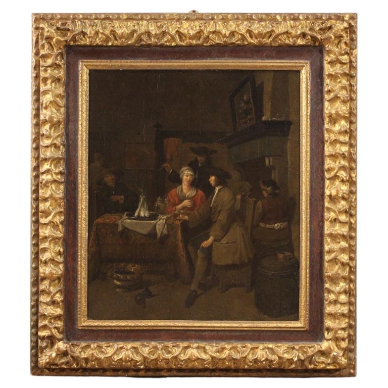 18th Century Oil on Canvas Flemish Antique Interior Scene Painting ...
