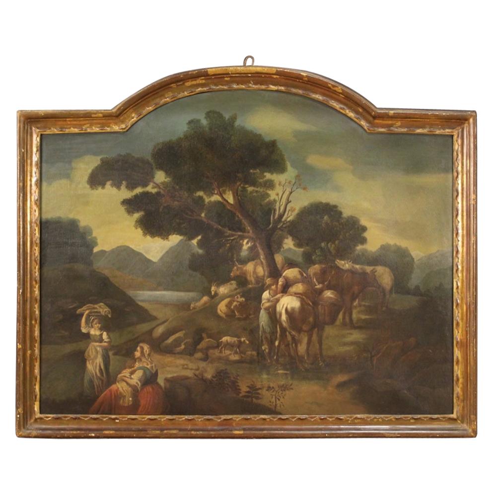 18th Century Oil on Canvas Italian Painting Bucolic Landscape with ...
