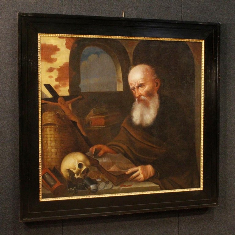 18th Century Oil on Canvas Italian Religious Painting Friar with Books ...