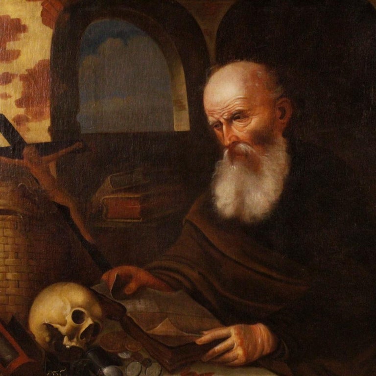 18th Century Oil on Canvas Italian Religious Painting Friar with Books ...