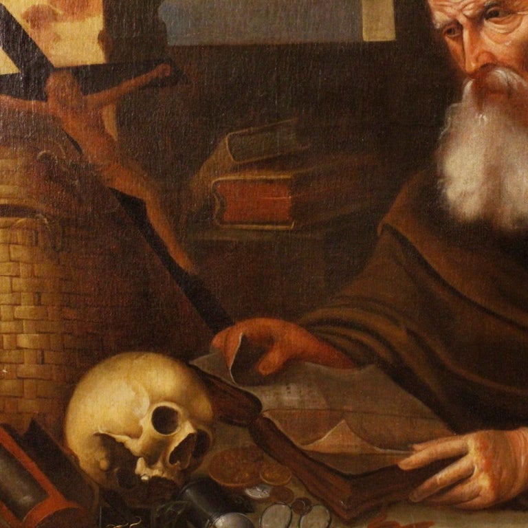 18th Century Oil on Canvas Italian Religious Painting Friar with Books ...