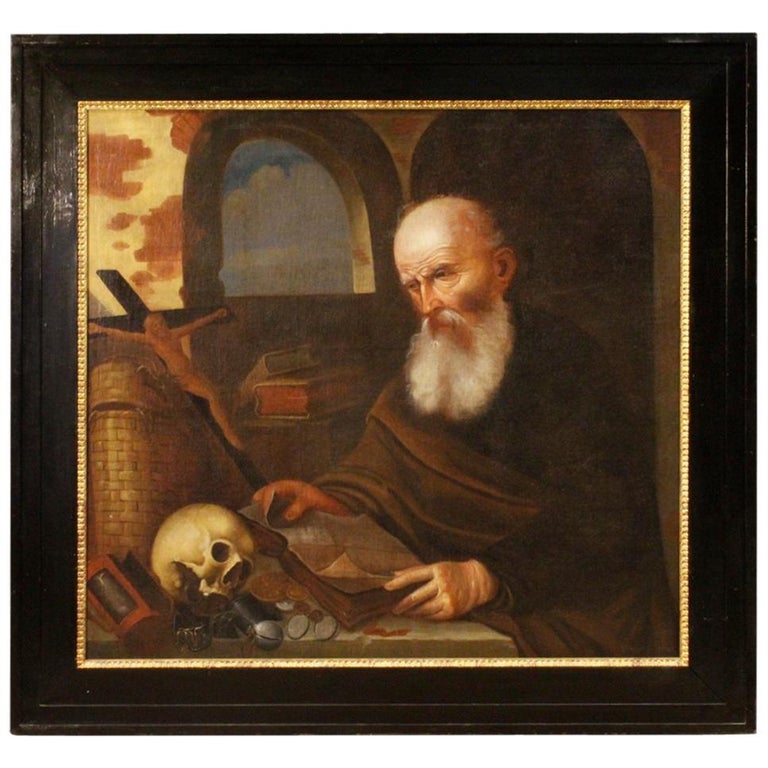 18th Century Oil on Canvas Italian Religious Painting Friar with Books ...