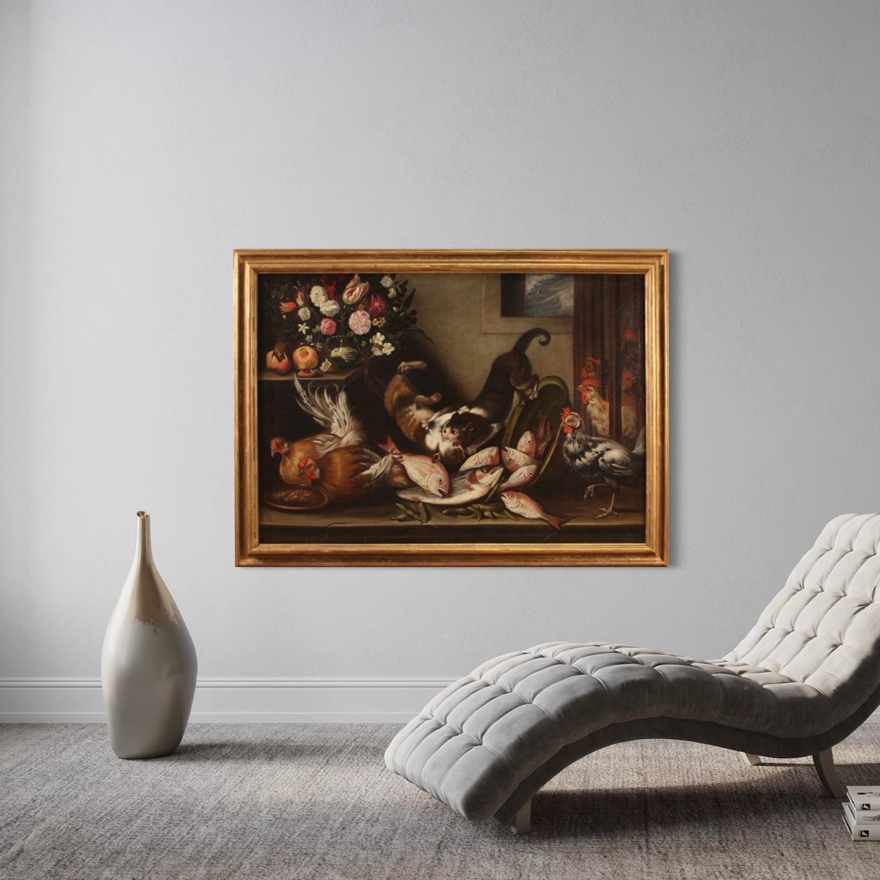 18th Century Oil on Canvas Italian Still Life Painting Animals, Flowers ...