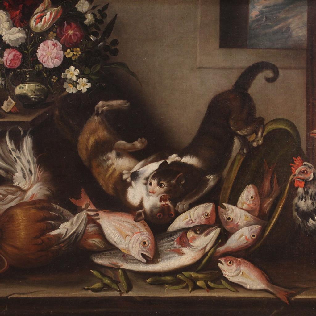 18th Century Oil on Canvas Italian Still Life Painting Animals, Flowers ...