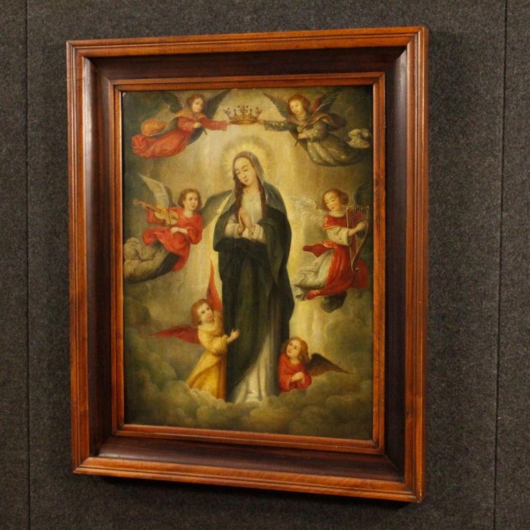 18th Century Oil on Panel Flemish Religious Painting Virgin with Angels ...