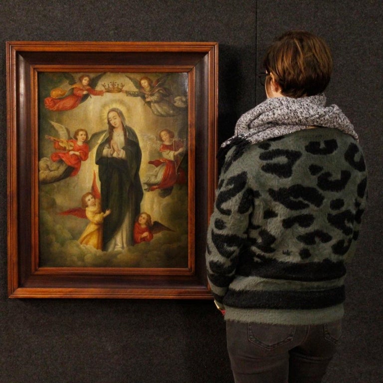18th Century Oil on Panel Flemish Religious Painting Virgin with Angels ...