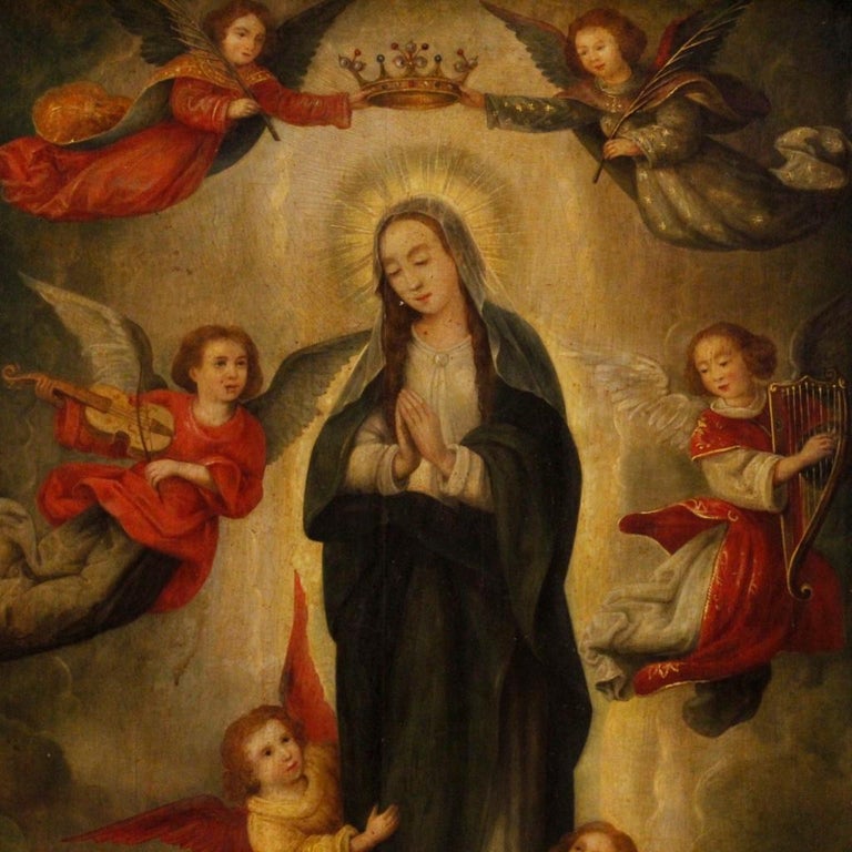 18th Century Oil on Panel Flemish Religious Painting Virgin with Angels ...
