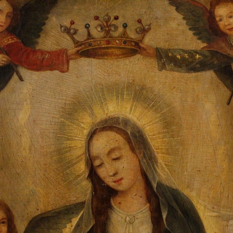 18th Century Oil on Panel Flemish Religious Painting Virgin with Angels ...