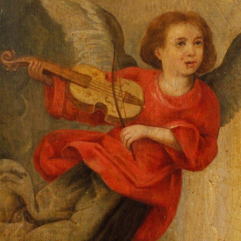 18th Century Oil on Panel Flemish Religious Painting Virgin with Angels ...