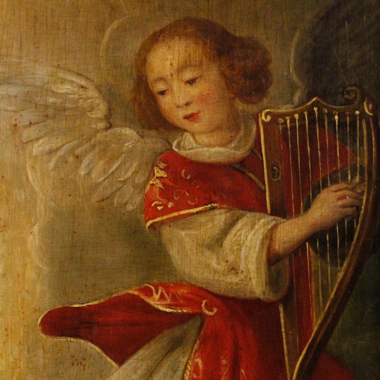 18th Century Oil on Panel Flemish Religious Painting Virgin with Angels ...