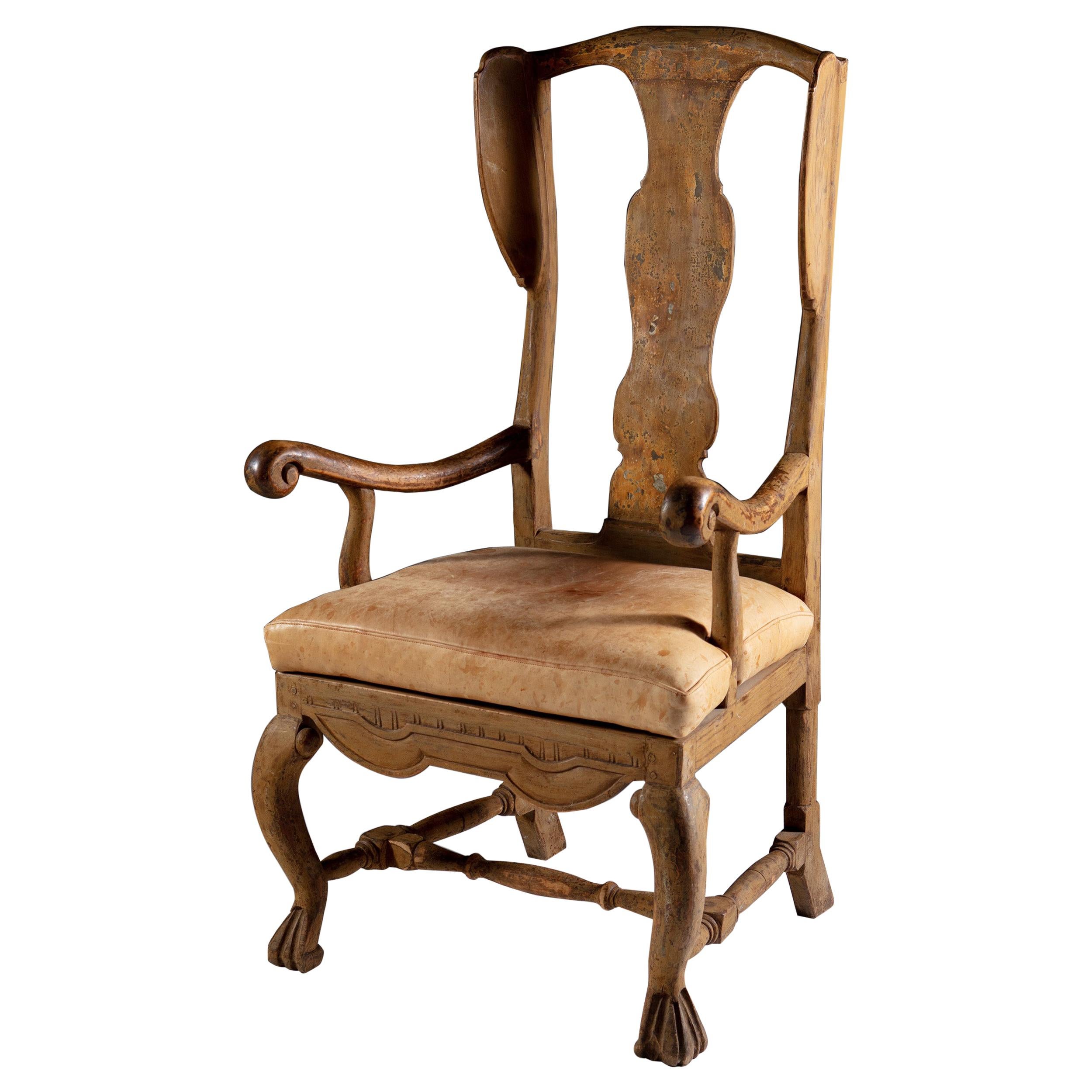 18th Century Painted Swedish Armchair with Tan Leather Squab Cushion at ...