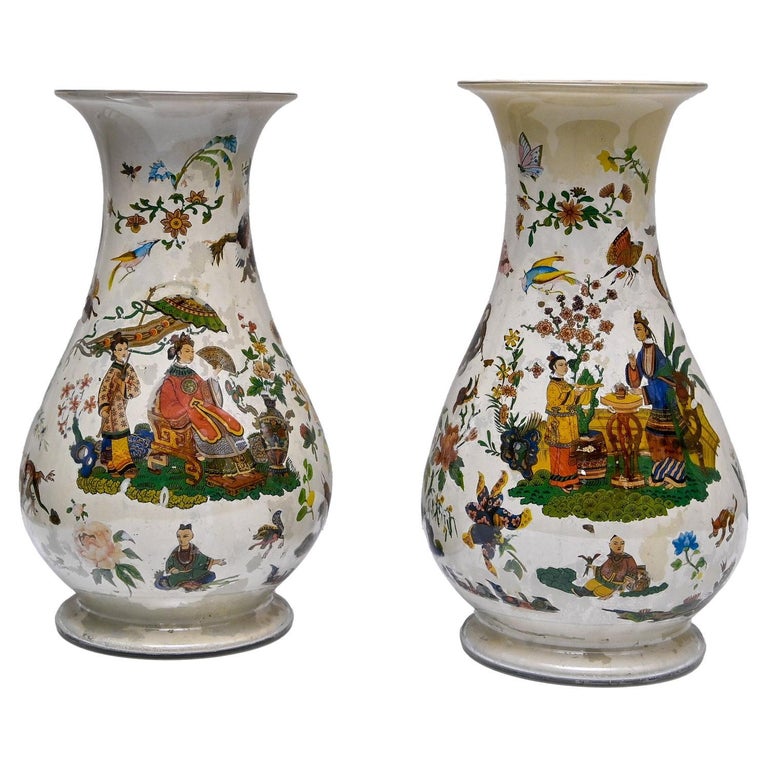 18th Century Pair Decalcomania Glass Vases Piemonte Italy Arte Povera ...