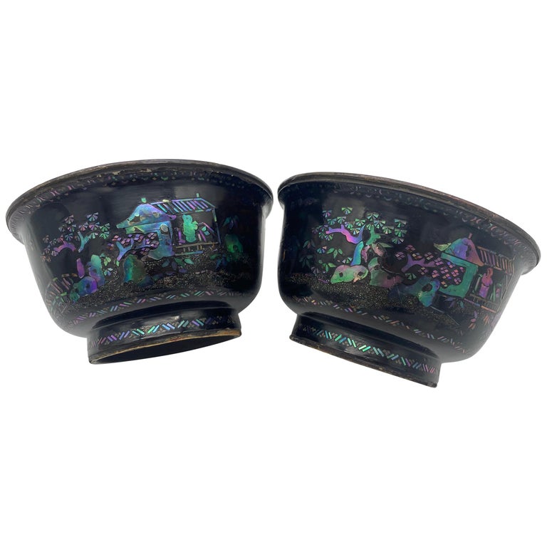 18th Century Pair of Chinese Silver Lacquer Bowls with Mother of Pearl ...
